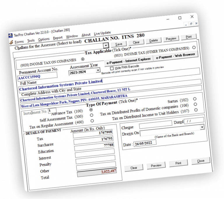 TaxPro Challan for filling and ePayment of ITNS 280 ITNS 281